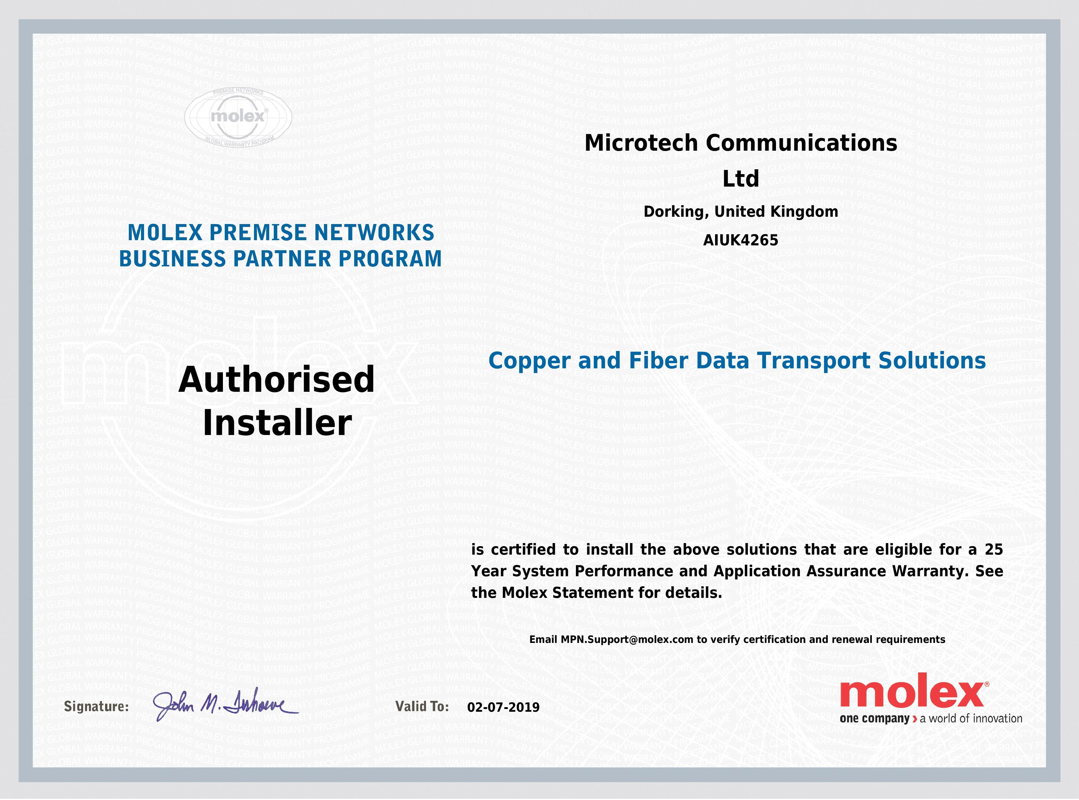 Microtech are an Molex authorised installer - Microtech IMS